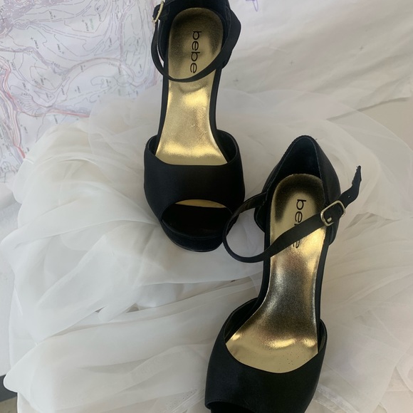 bebe | Shoes | Bebe Satin Black Platform Shoes With Golden Five And A ...